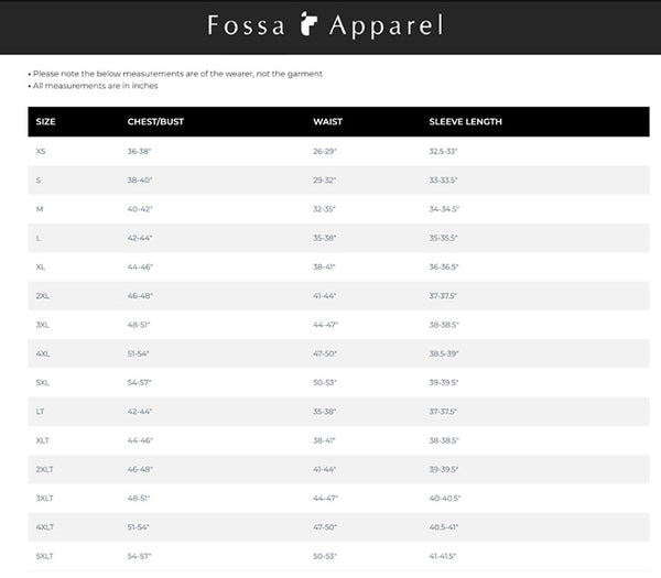 Size chart | Fossa Mens | Monterey Bay Aquarium Store